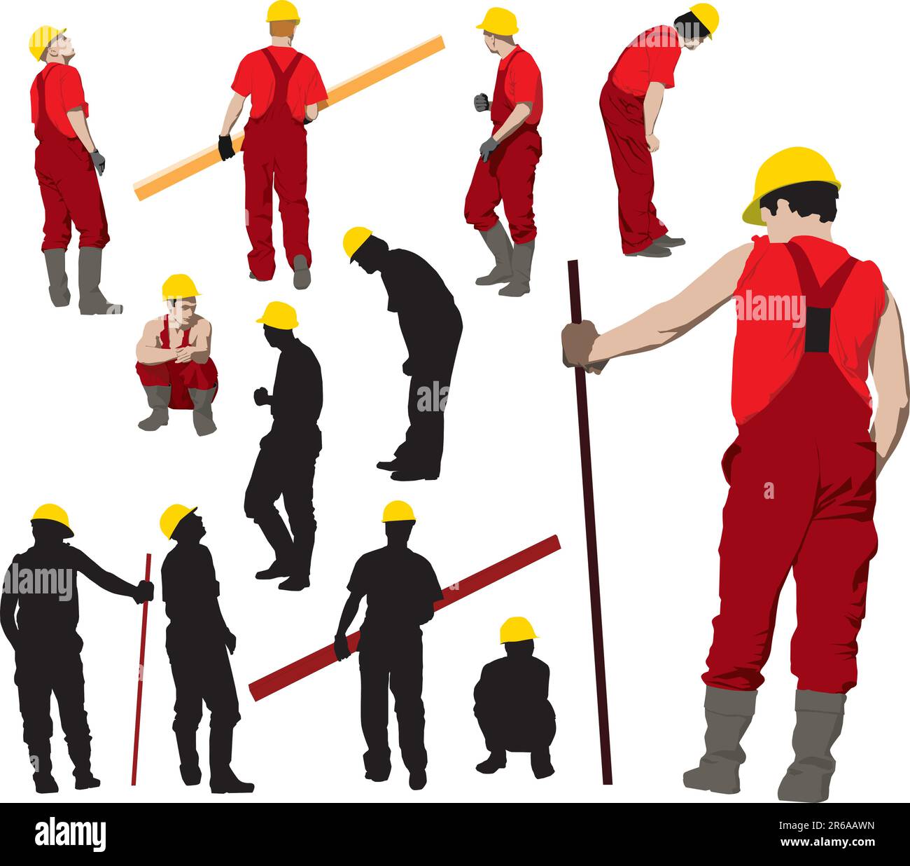 Team of Construction workers in red workwear an yellow helmets. Vector ...