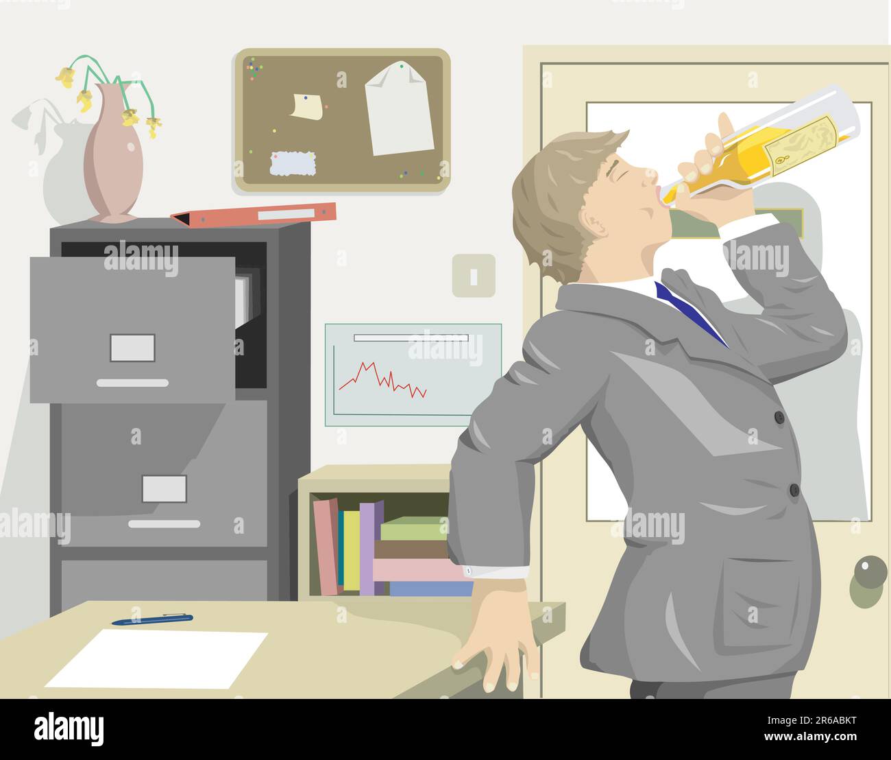 Vector illustration of businessman drinking whiskey in the office - the ...