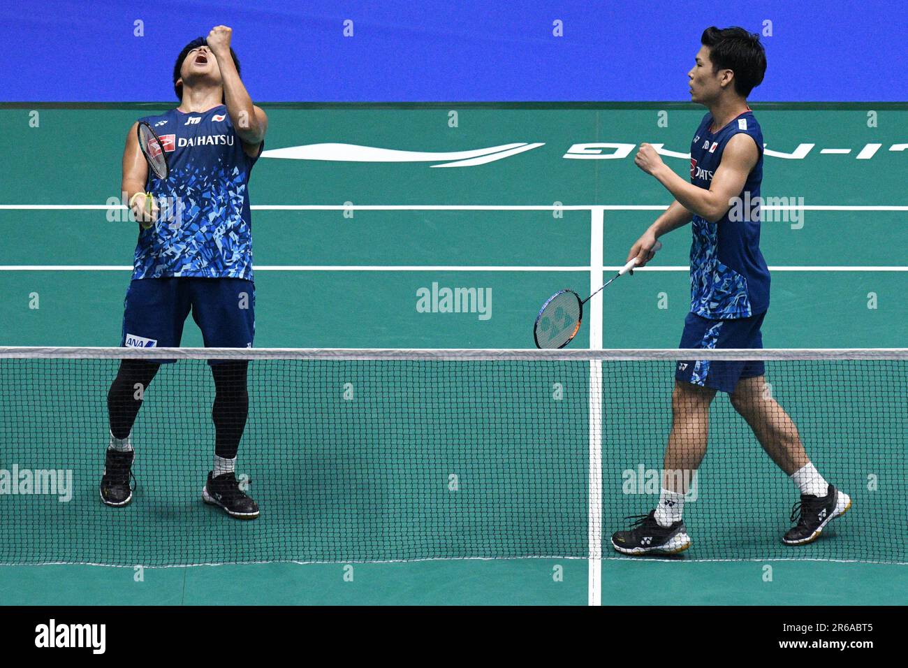 Singapore. 8th June, 2023. Koga Akira (L)/Saito Taichi of Japan react ...