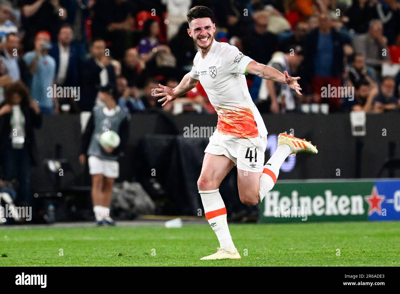 WHU captain Declan Rice celebrates victory in the European Conference ...