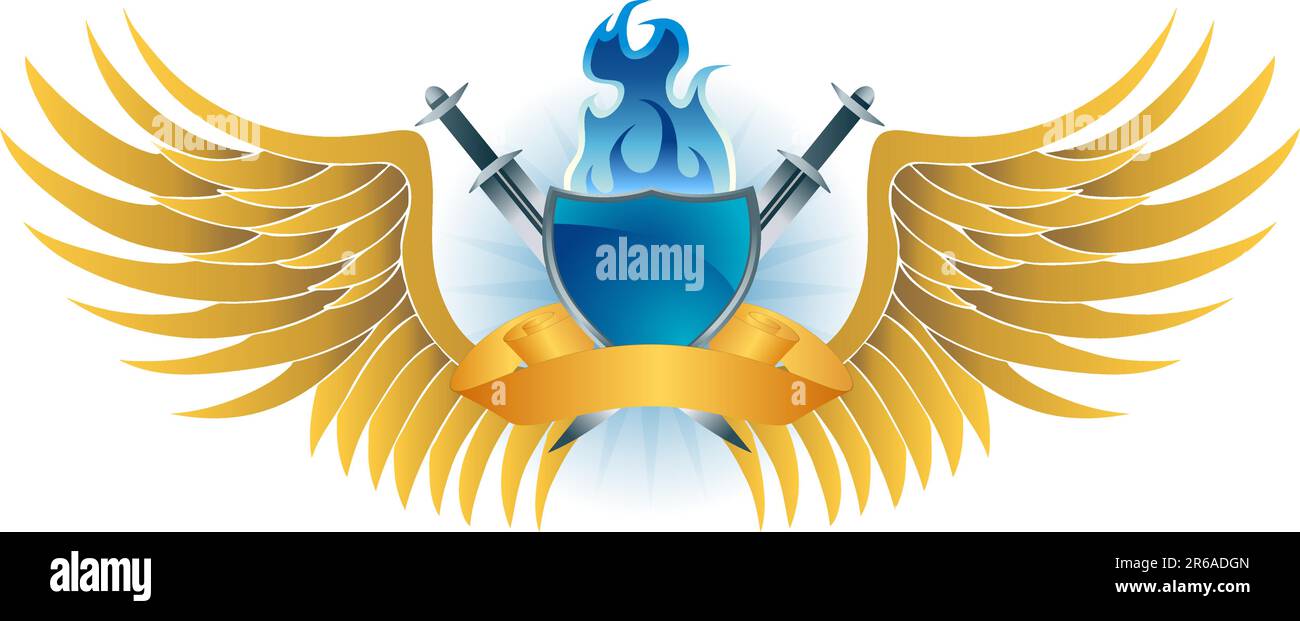 3D golden wing, flaming blue shield, sword and ribbon icon Stock Vector ...
