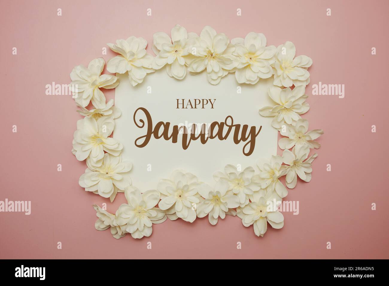 Happy January card typography text with flower on pink background Stock ...