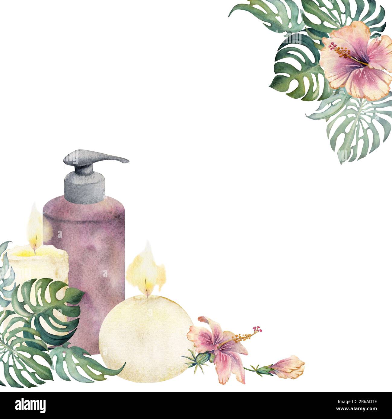 Hand drawn watercolor spa skincare bath beauty products package with ...