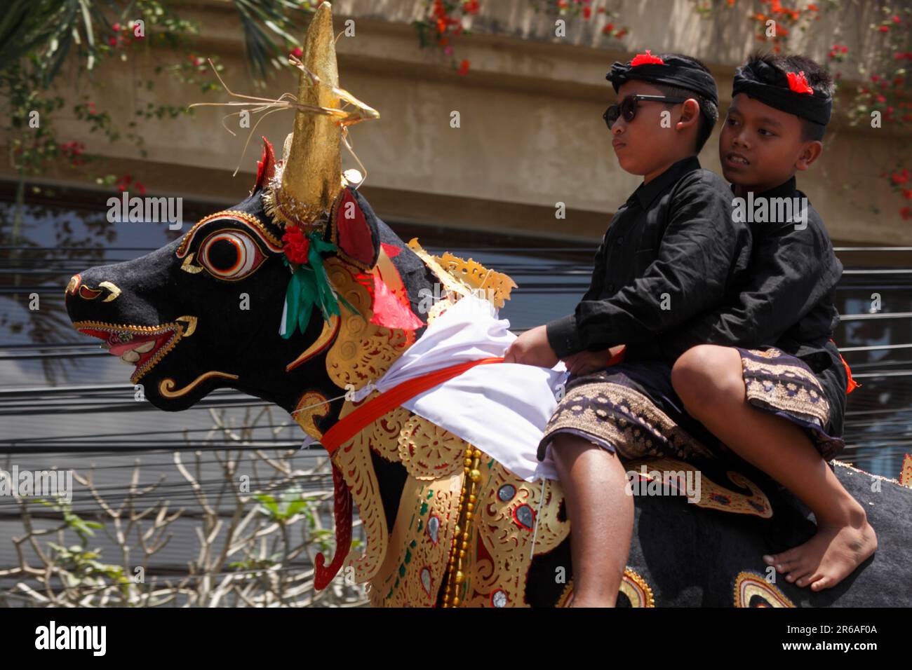 Two boys sitting on a bull, on the way to the cremation site, at a ...