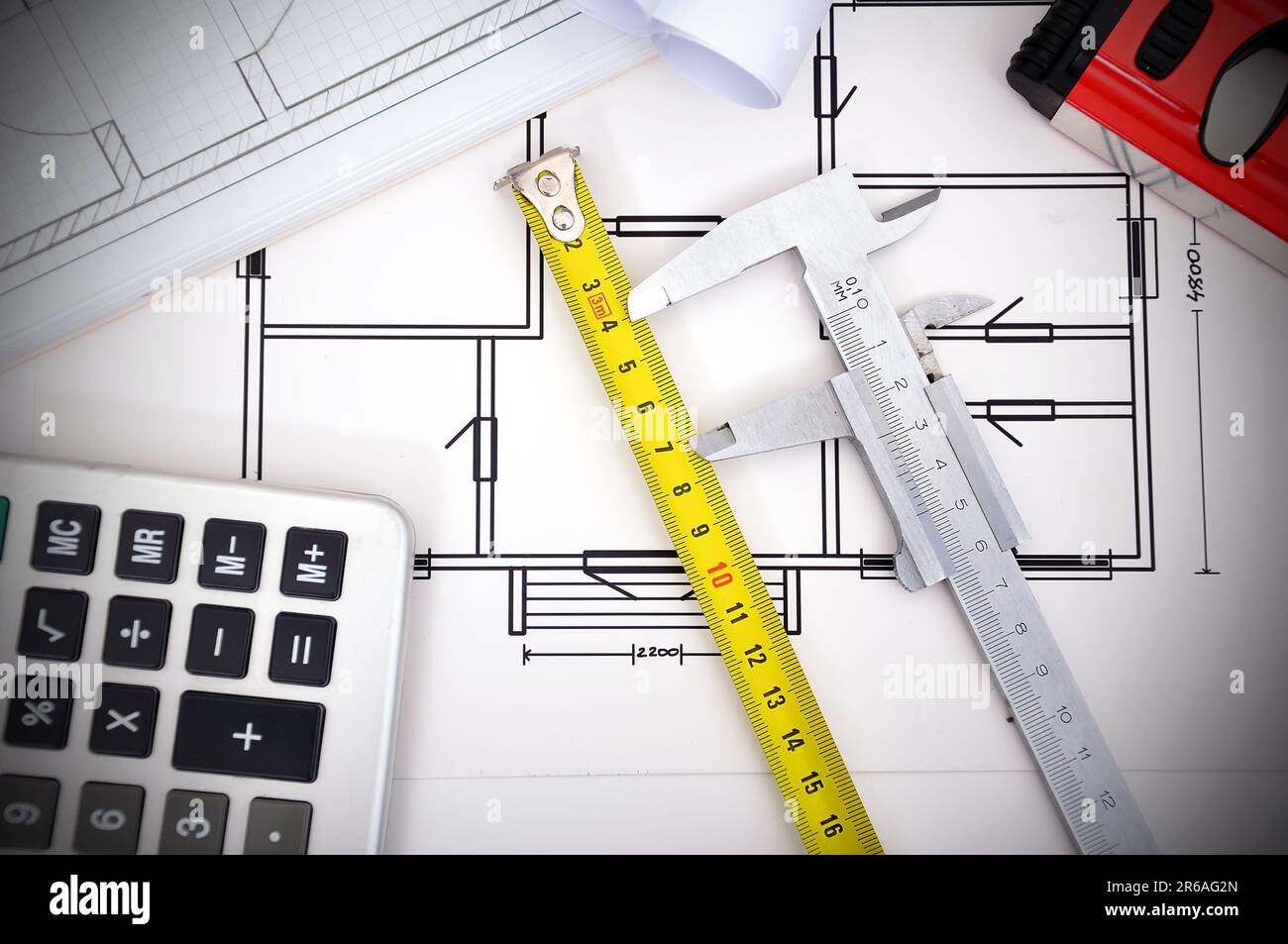 calculator, pencil and drawing blueprint Stock Photo - Alamy