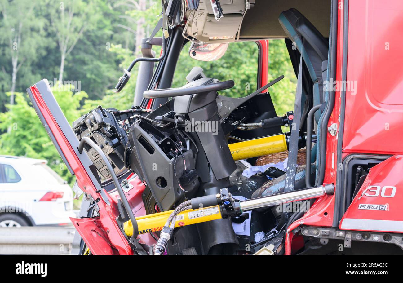 Hanover, Germany. 08th June, 2023. View into a smashed cab of a truck ...