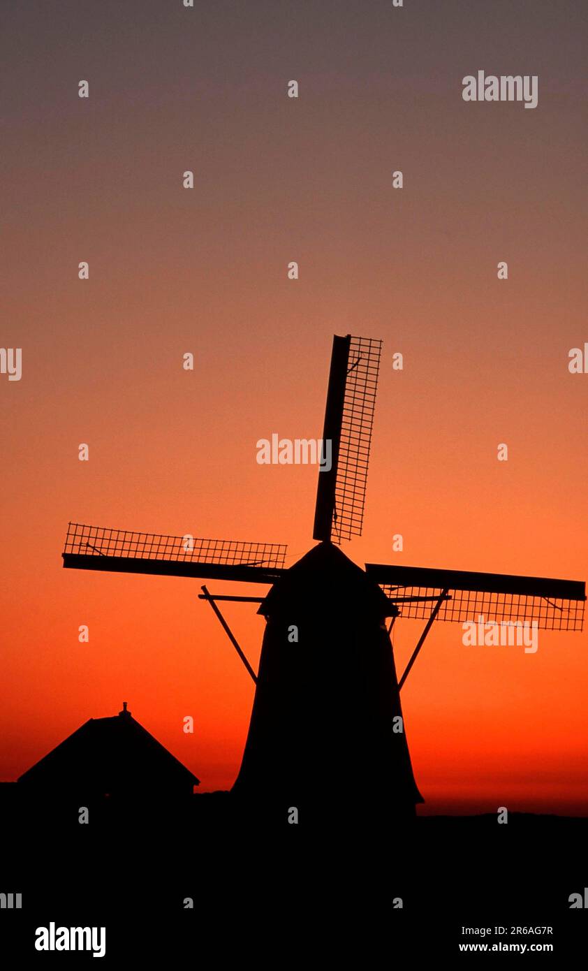 Windmill at dusk, Het Noorden, Texel, Netherlands, dusk, silhouette, romantic, romantically ...