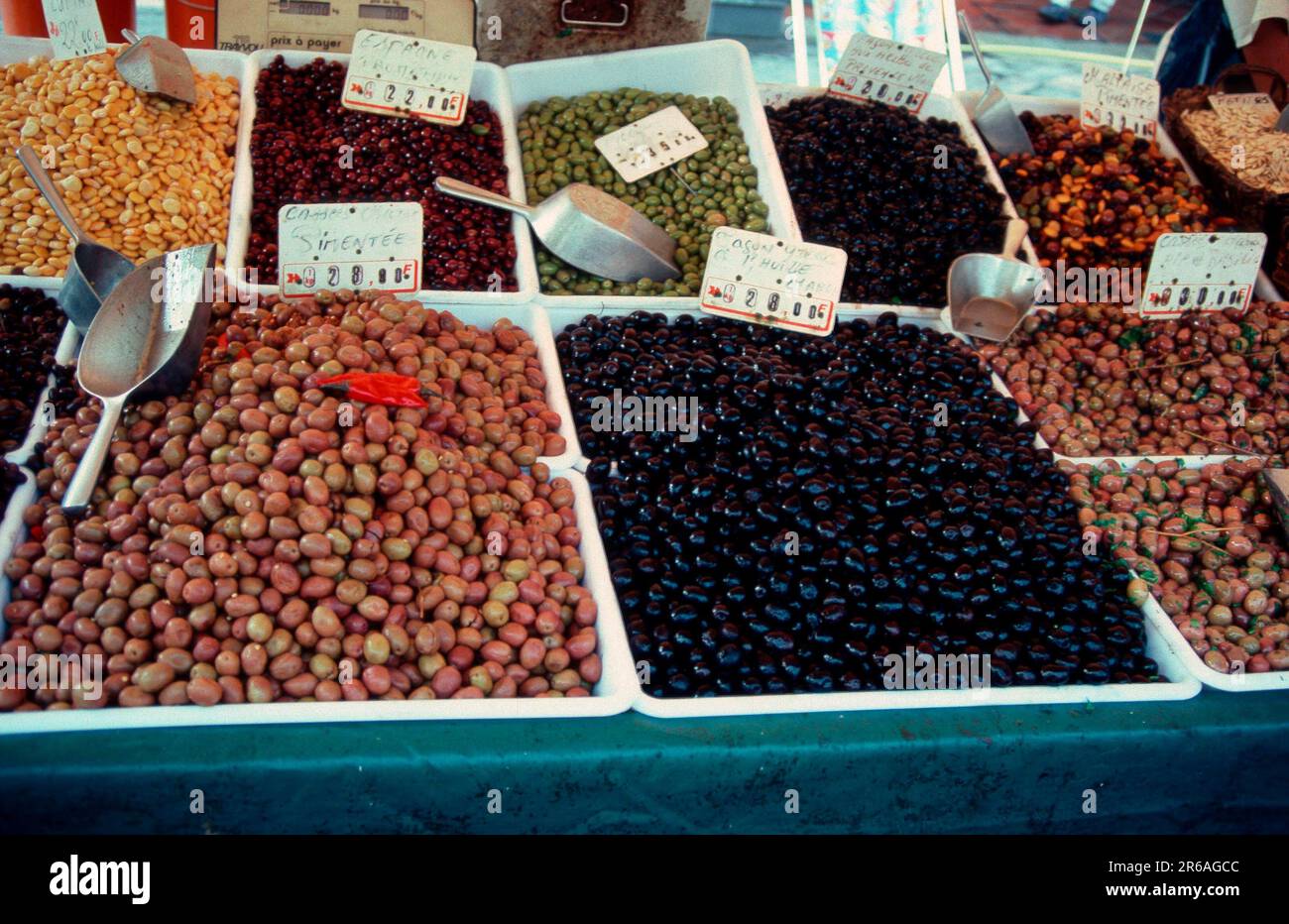 Olives at a market stall, with various, South of France, food, Europe ...