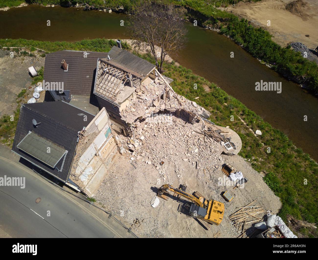 Excavator, Even almost two years after the flood disaster, destroyed ...