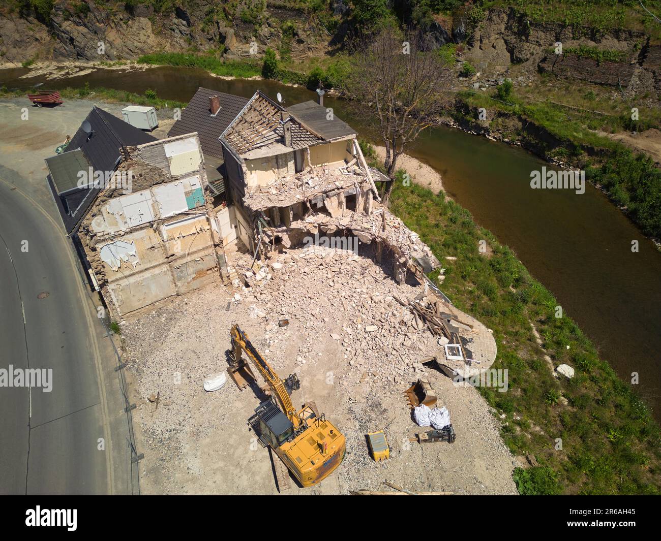 Excavator, Even almost two years after the flood disaster, destroyed ...