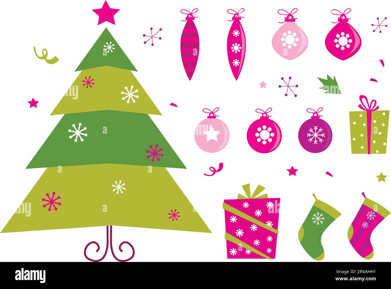 Retro christmas set: pink & green christmas tree, presents and balls ...