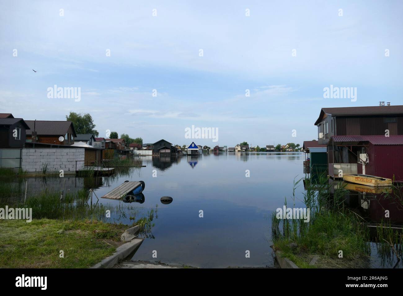 KREMENCHUK, UKRAINE - JUNE 7, 2023 - Buildings are seen flooded as the ...