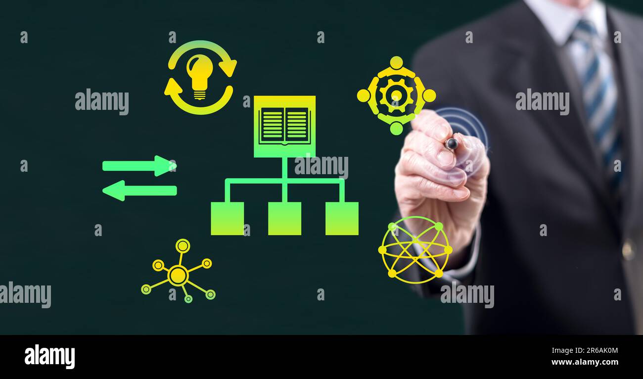 Man touching a knowledge sharing concept on a touch screen with a ...