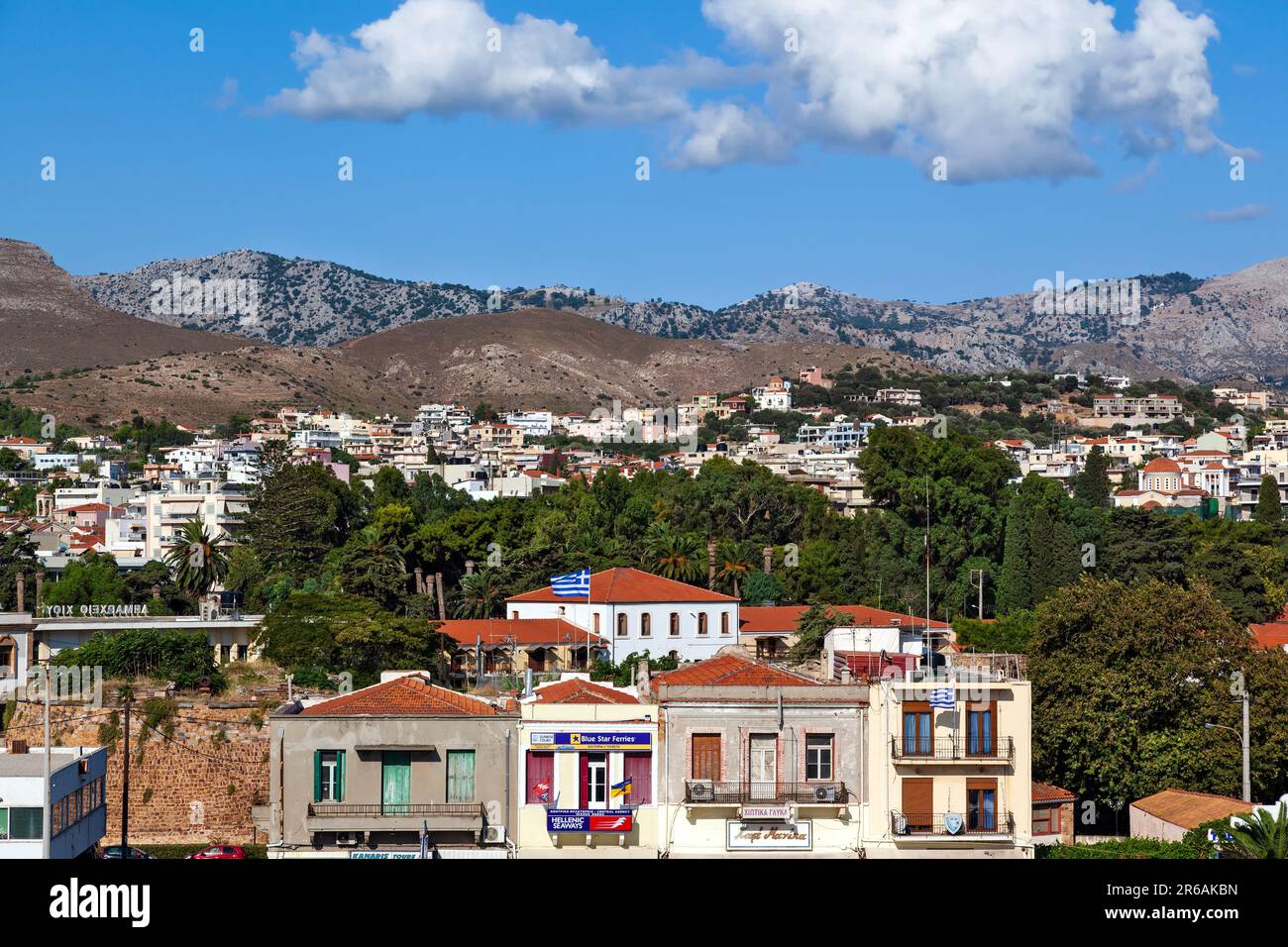 View of Chios town and port, as seen from aboard a vessel Stock Photo ...