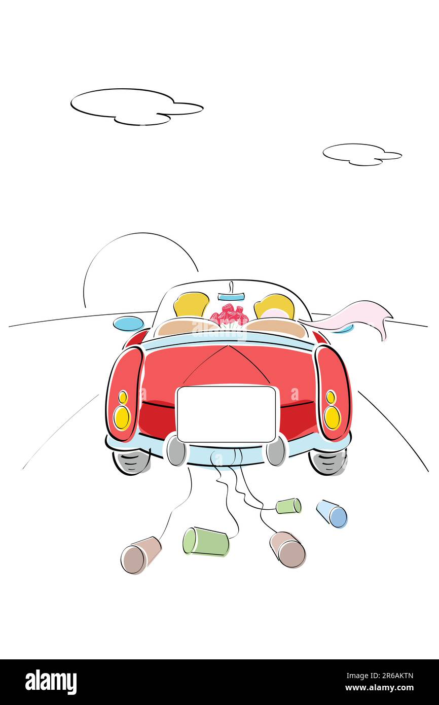 Illustration Of Just Married Couple On Car Driving To Their Honeymoon