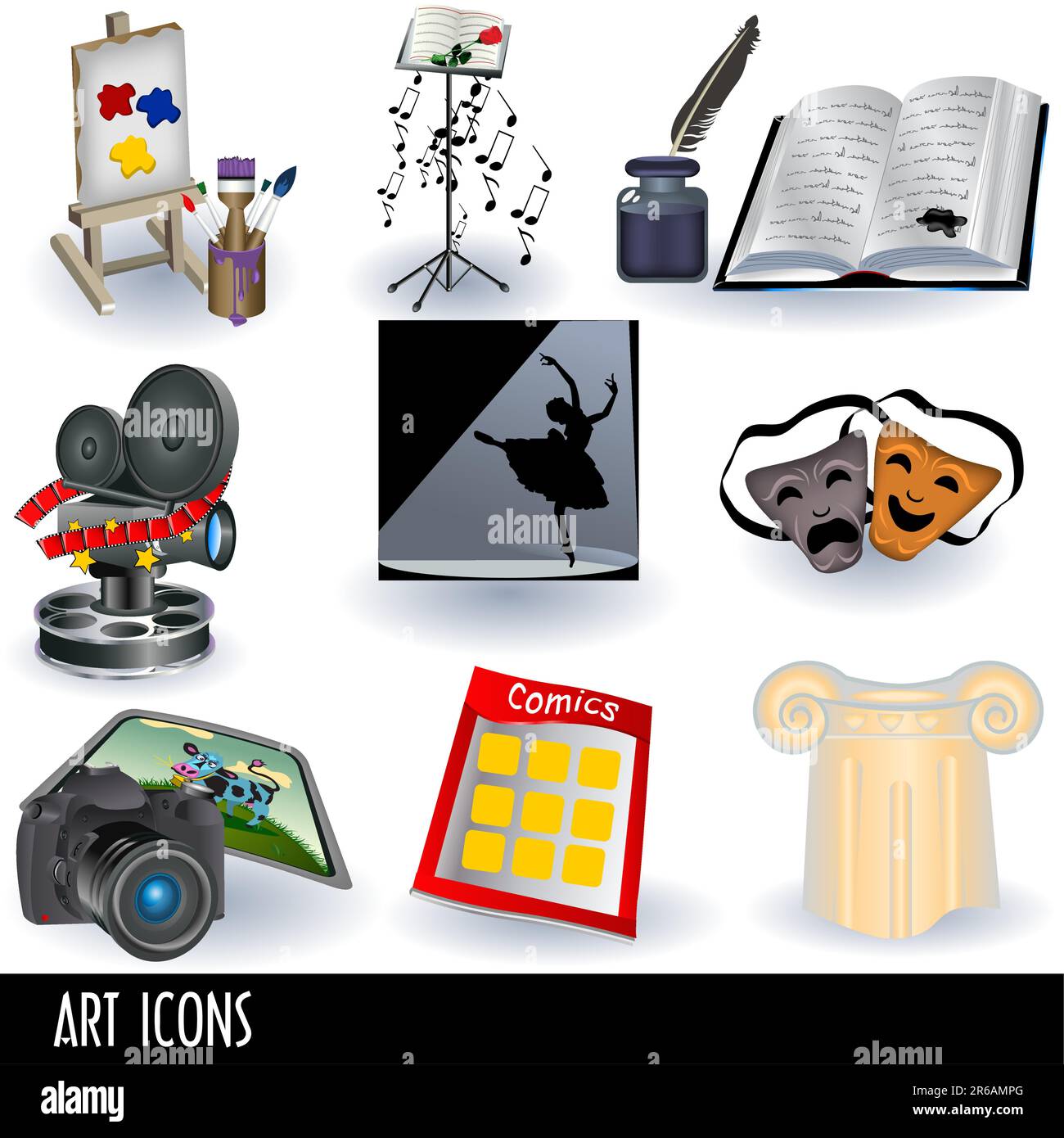 Illustration set of nine color art icons: painting, music, literature ...