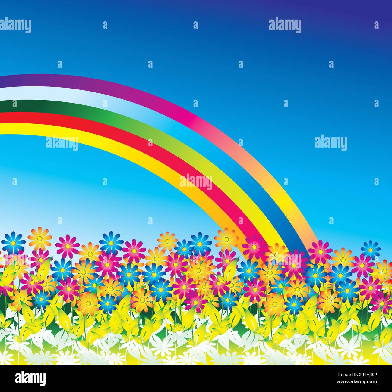 Daisy Flowers Background with a wonderful rainbow in the sky Stock ...