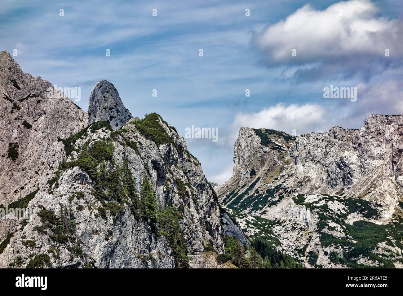 A scenic view of a valley flanked by mountains, with a foreground of ...