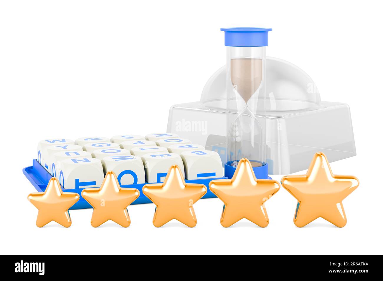 Boggle Board Game with five golden stars. 3D rendering isolated on ...
