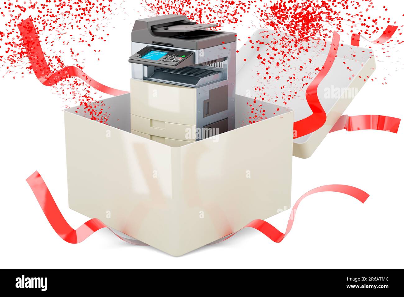 Office multifunction printer MFP inside gift box, 3D rendering isolated ...