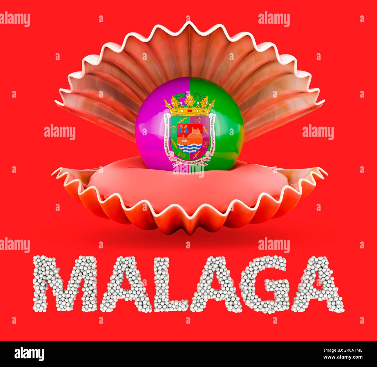 Welcome to Malaga, concept. Pearl with coat of arms of Malaga inside ...