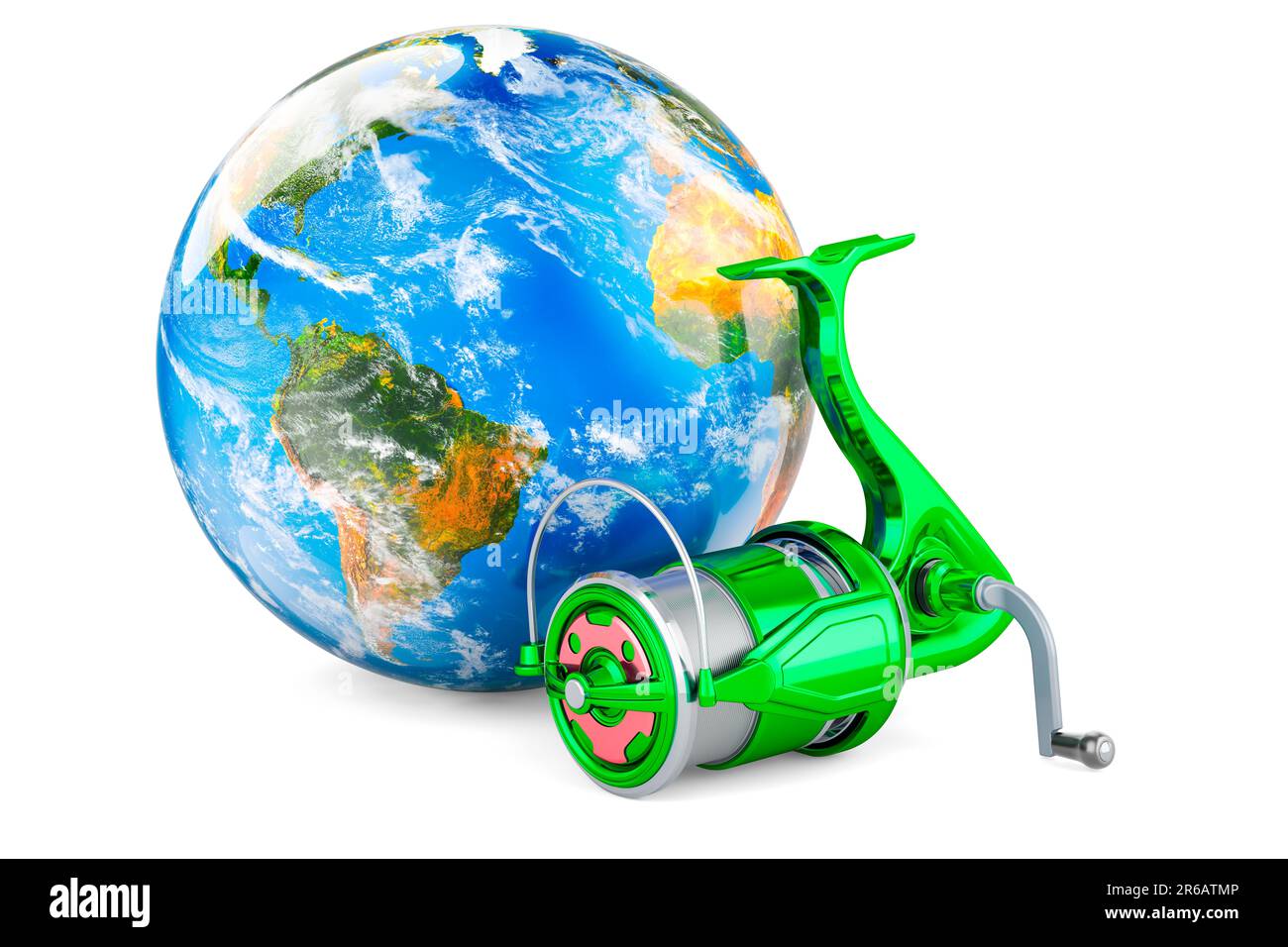Spinning reel with Earth Globe. 3D rendering isolated on white ...