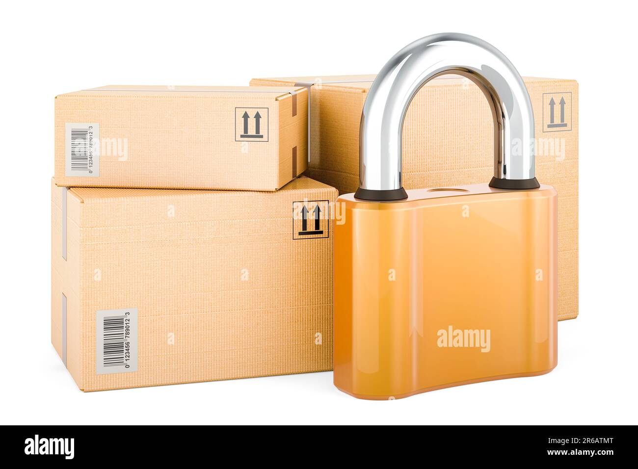 Shipping and logistics concept. Three parcels with padlock. 3D rendering isolated on white ...