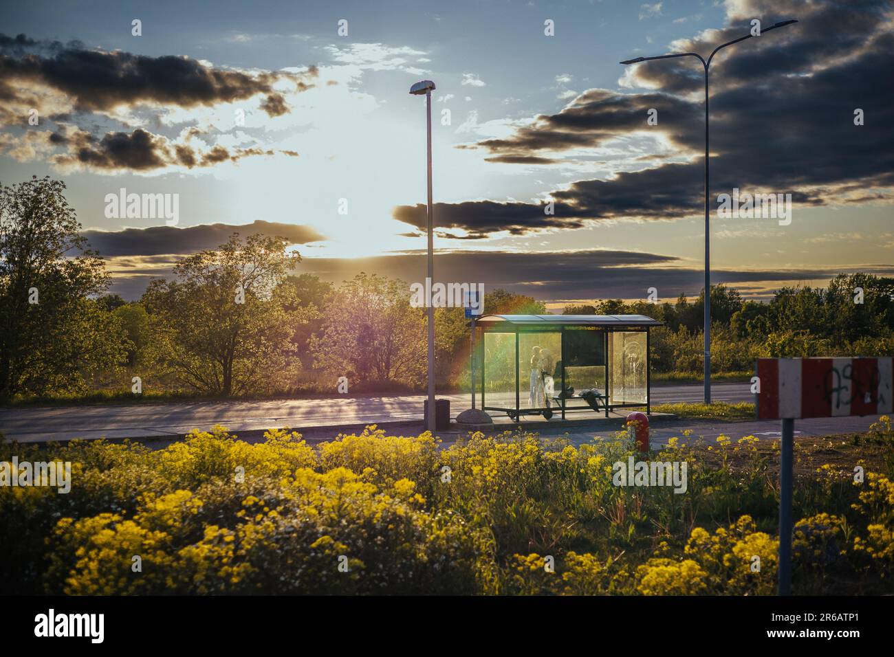 An outdoor bus stop located in an open field in the morning Stock Photo ...