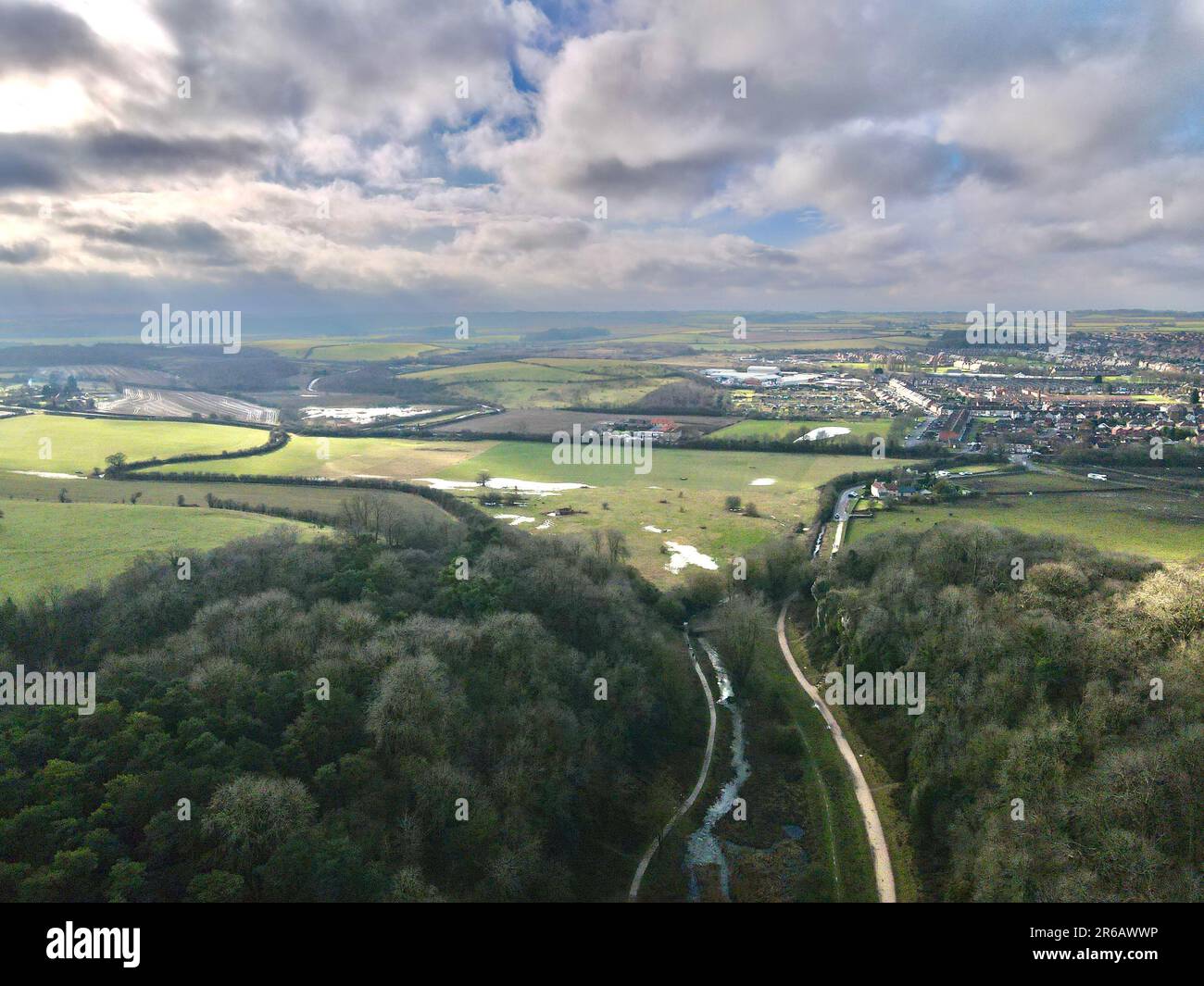 An aerial view of the beautiful town of Creswell in Derbyshire, England ...