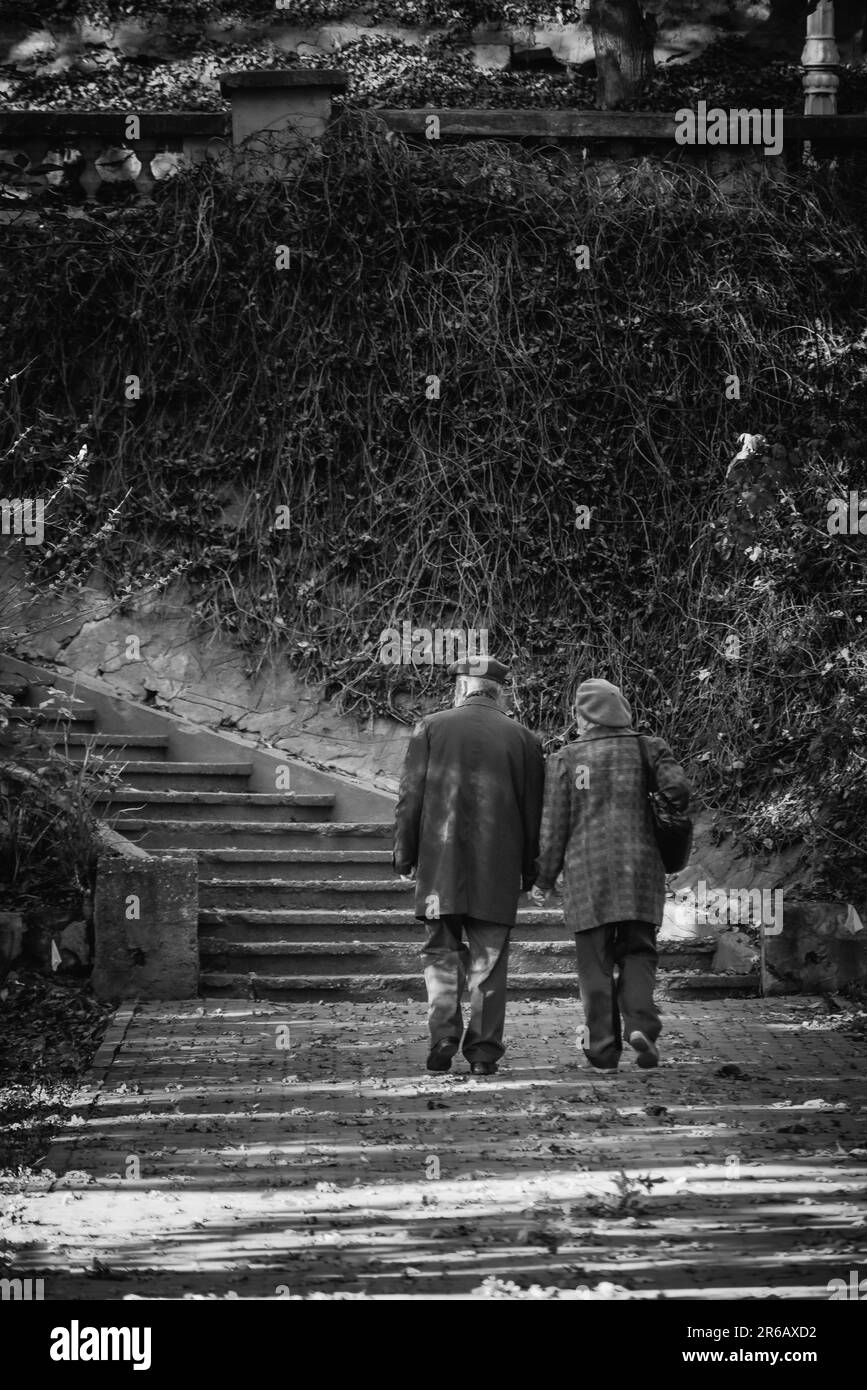 Two people are ascending a set of stairs leading to a modern building ...