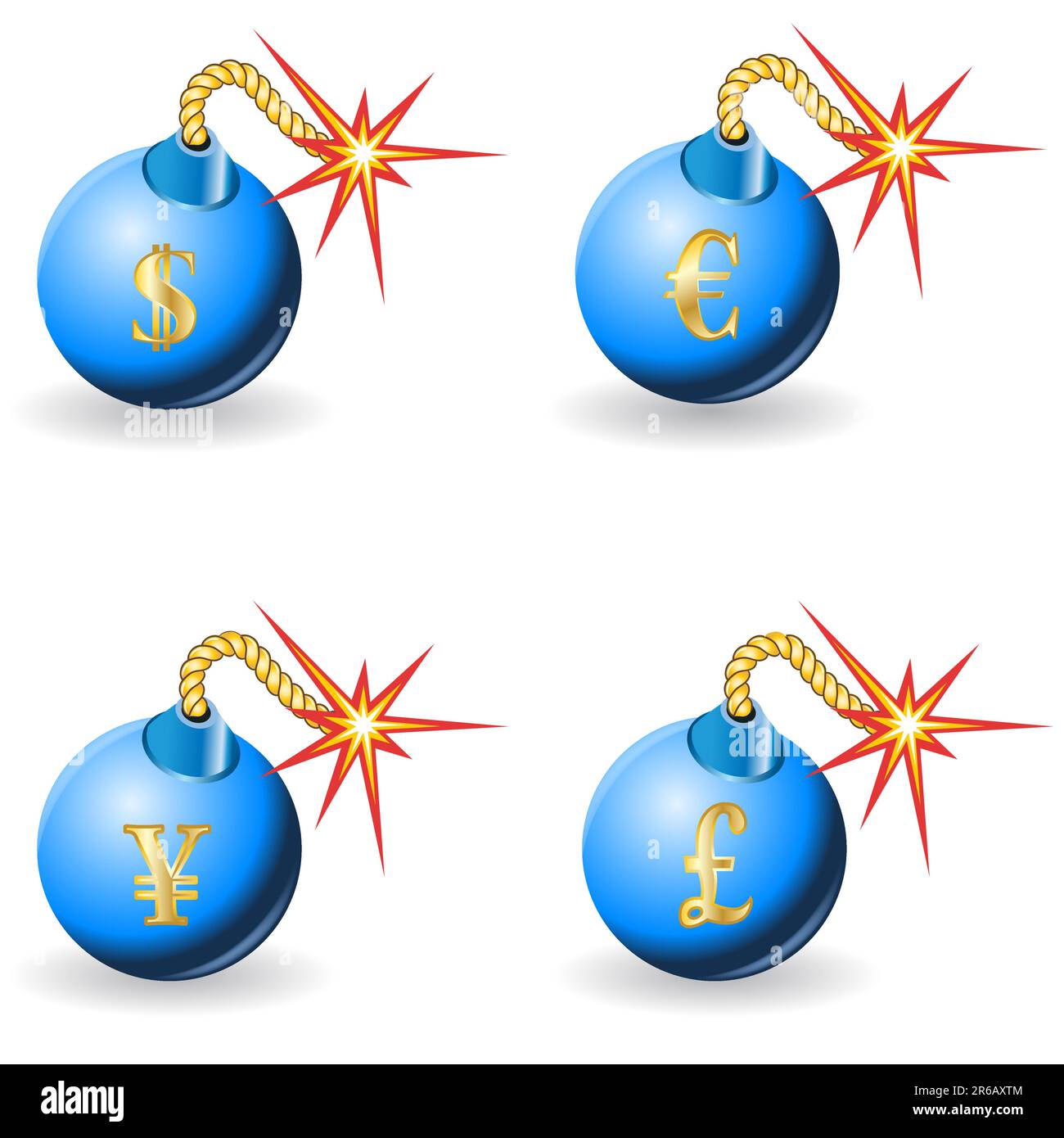 Illustration of blue bombs with four different currencies stick on them ...