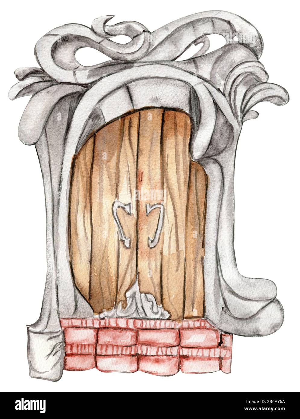 Wooden door for fairy. Hand painted fairy tale illustration for ...