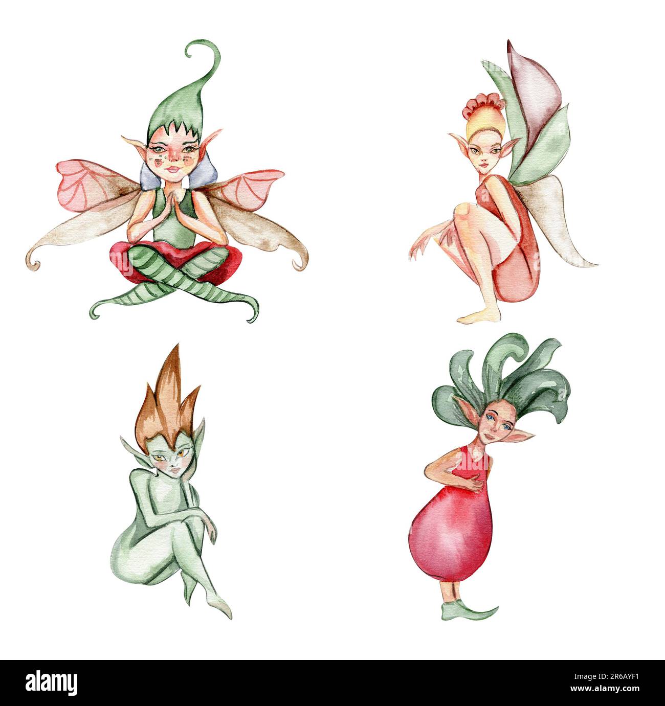 Forest elf with magic wings set . Watercolor hand drawn fairy tale ...