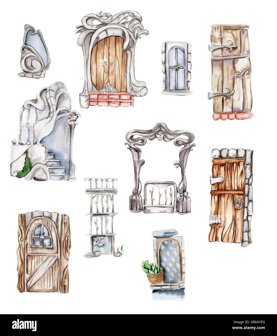 Wooden door, window and iron gate for fairy. Hand painted fairy tale ...