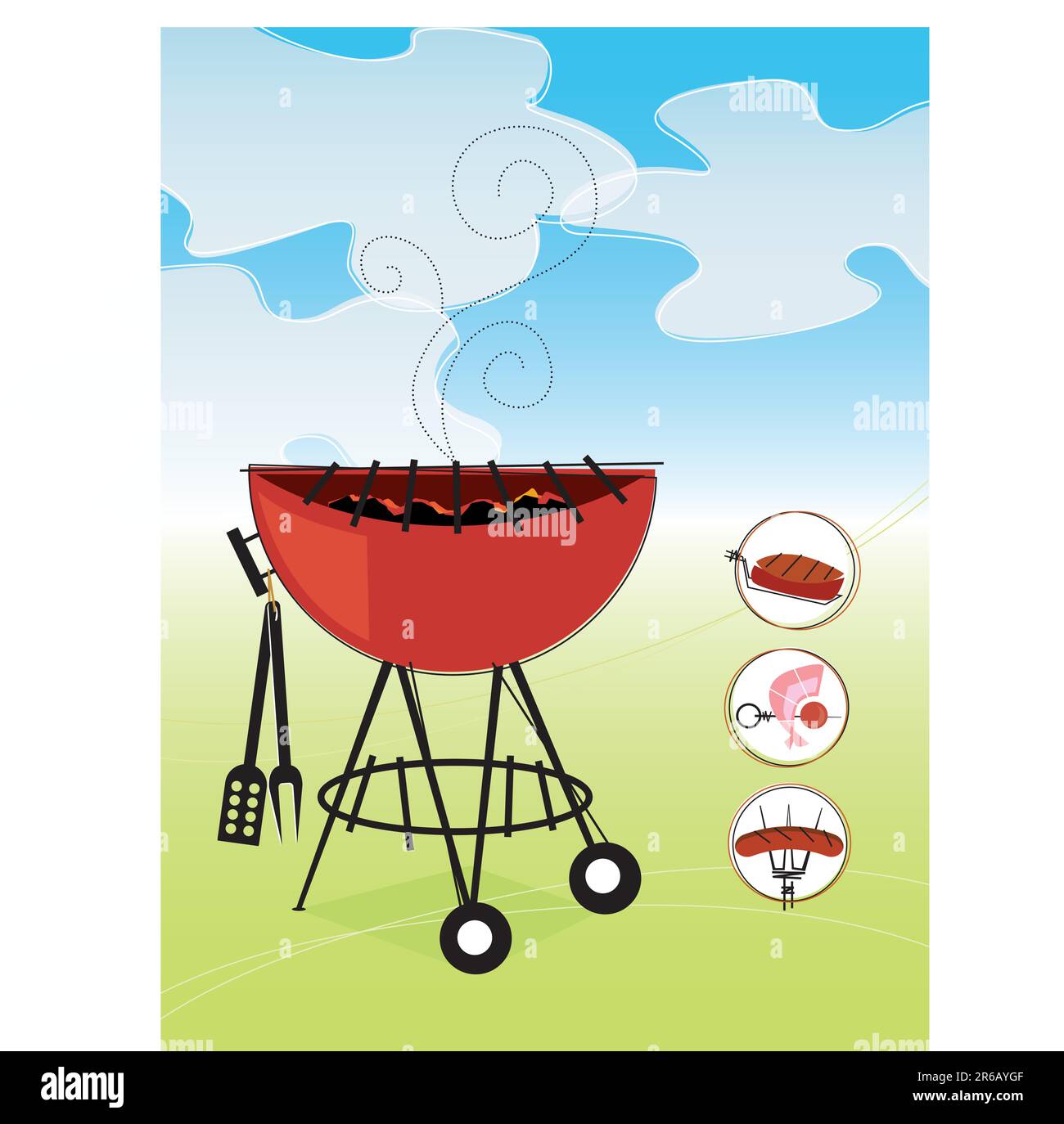 Stylized barbeque with green lawn and blue sky. Items are grouped so ...