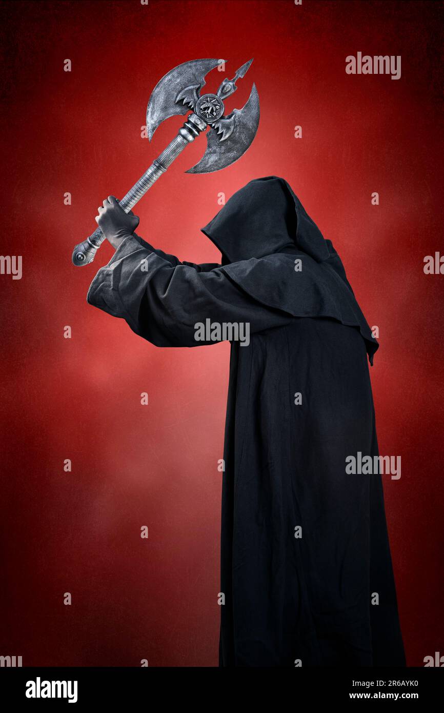 Dark knight with double headed battle axe over dark red misty ...