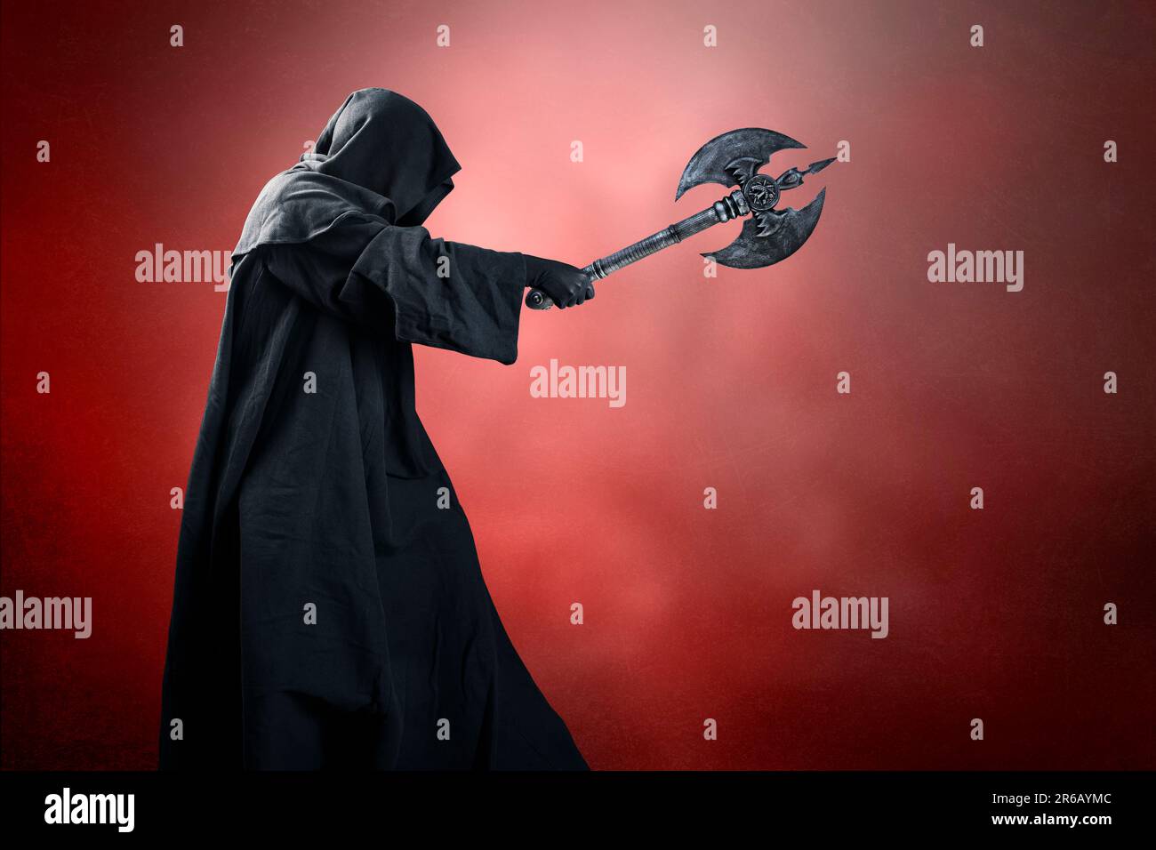 Dark knight with double headed battle axe over dark red misty ...