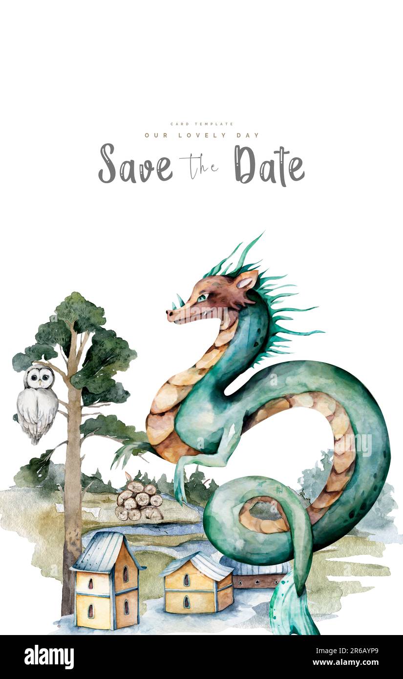 Knight, dragon and castle watercolor illustration. Fabulous mystical ...