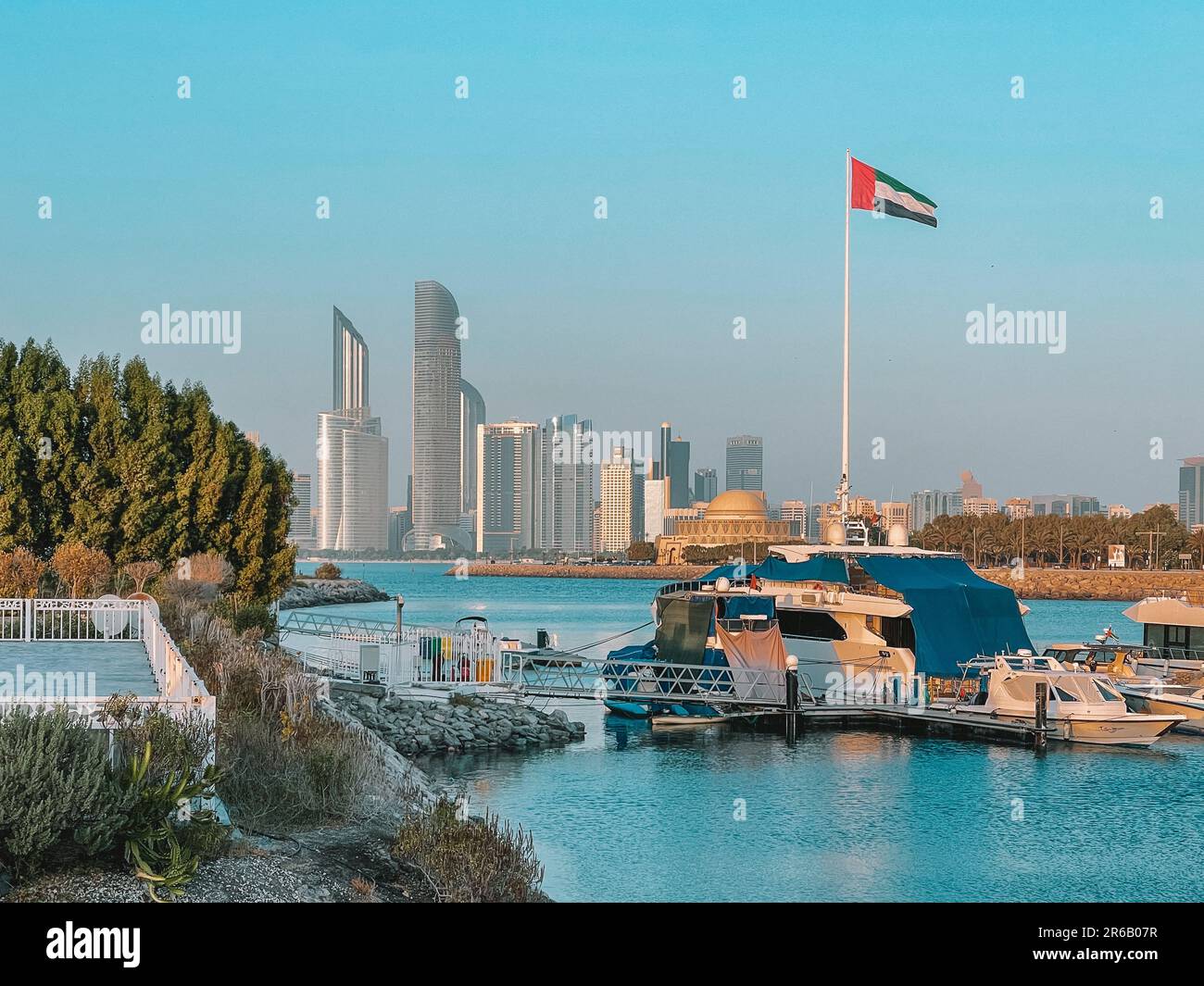 Beautiful view of Abu Dhabi city corniche landmarks, famous Etihad ...