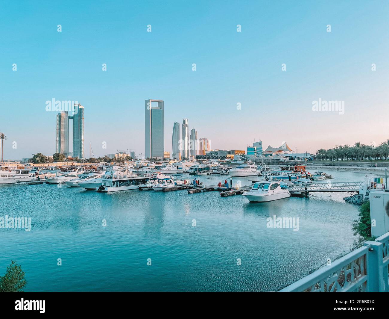 Beautiful view of Abu Dhabi city corniche landmarks, famous Etihad ...