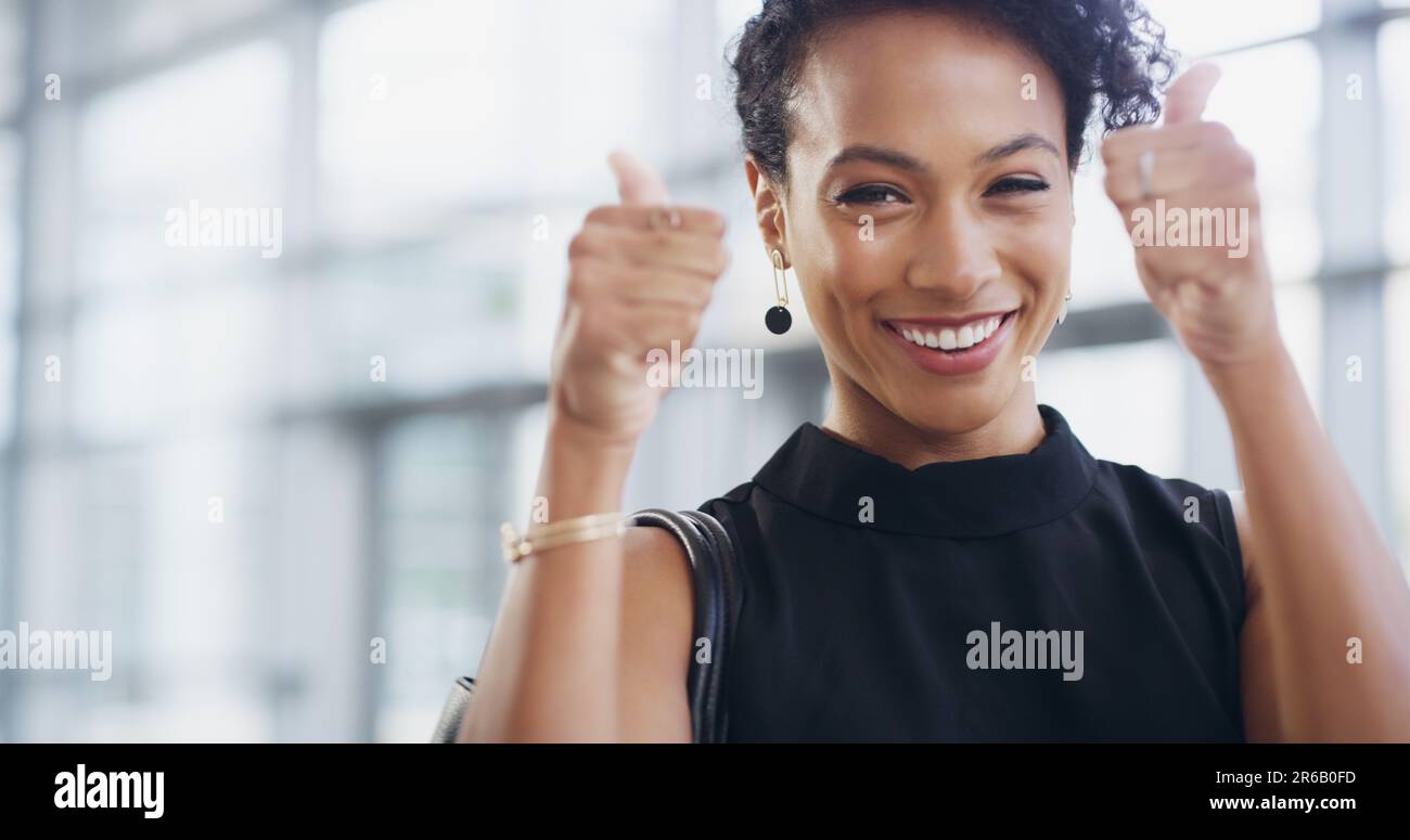 Business woman, face and thumbs up with smile, support and agreement ...