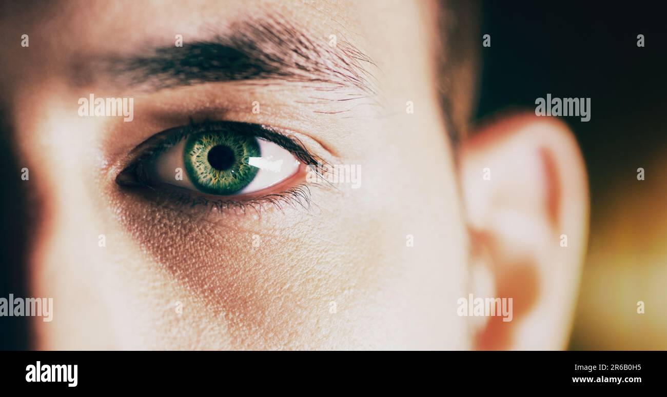 Portrait, eye and man with clear vision, future or eyelash .with focus ...