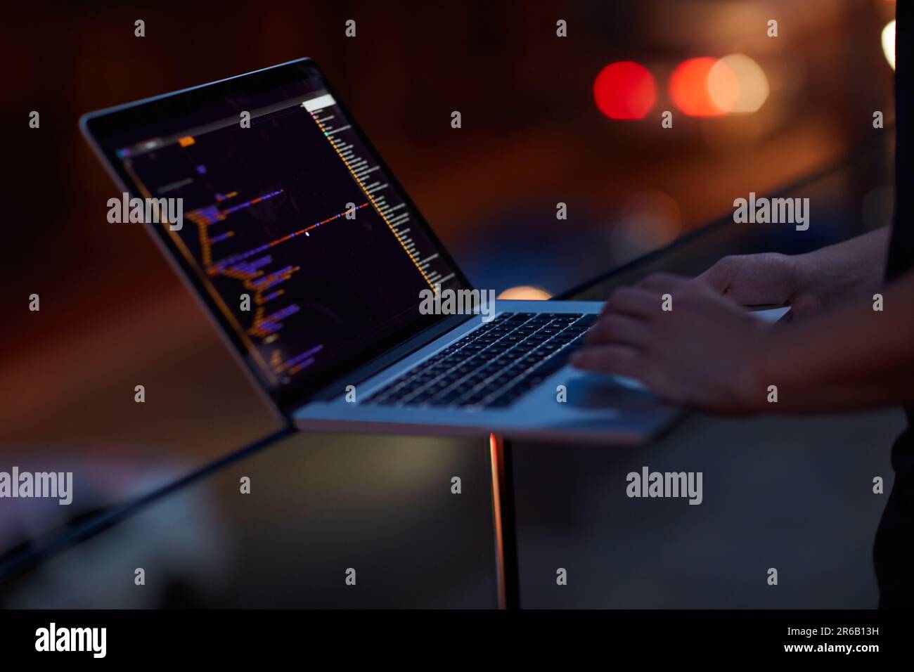 Hacker, code and laptop with hands of person for ransomware, cyber ...
