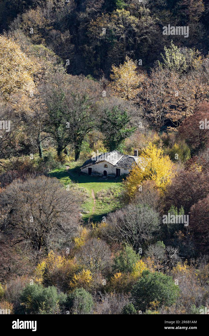 Old chapel at the springs of Voidomatis River at the Vikos Gorge ...