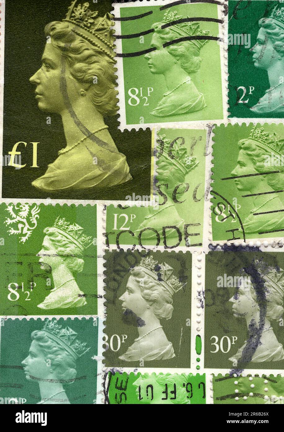 A montage of green vintage postage stamps from the United Kingdom ...