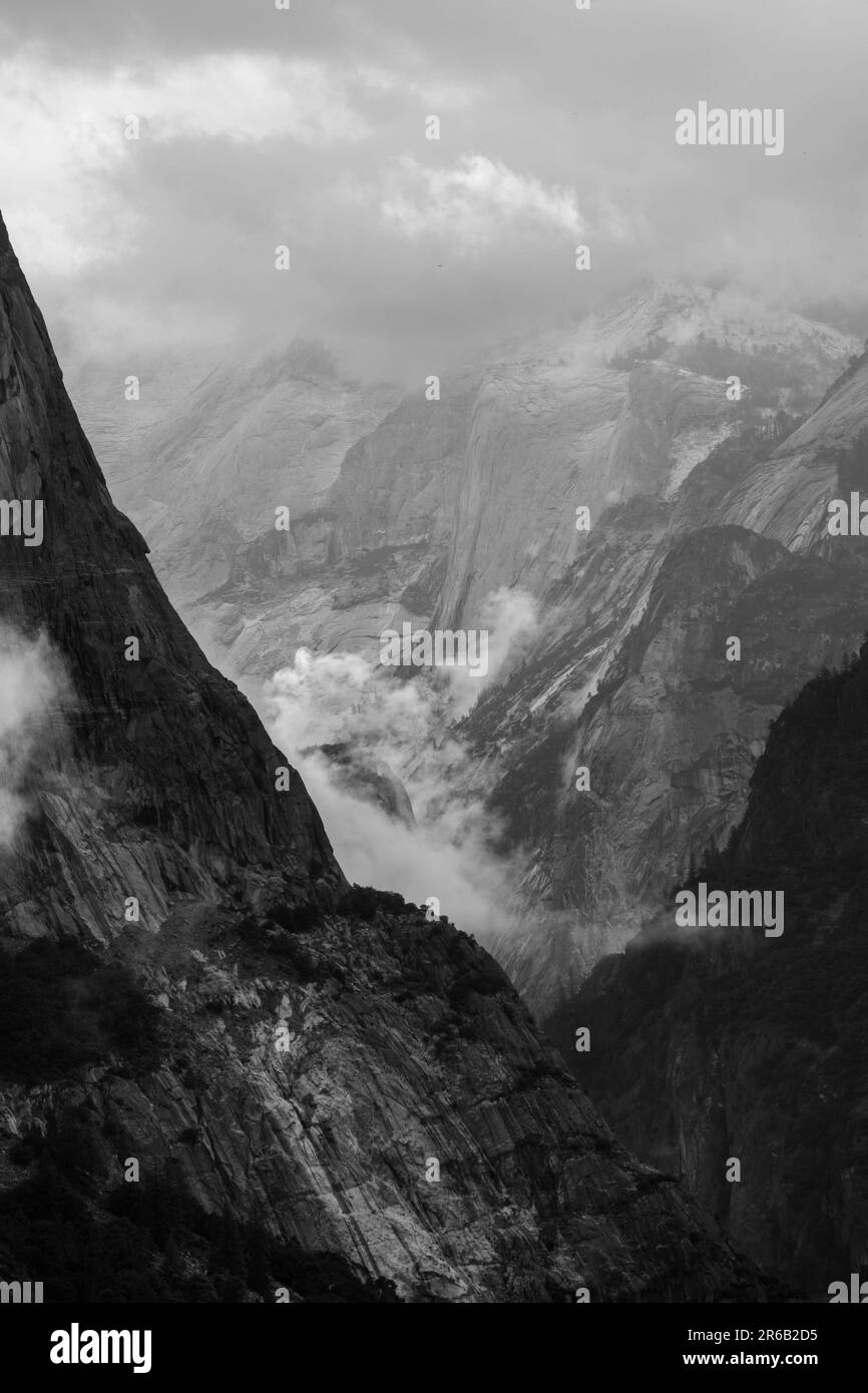 Black and white photograph of a valley seen from a high vantage point ...