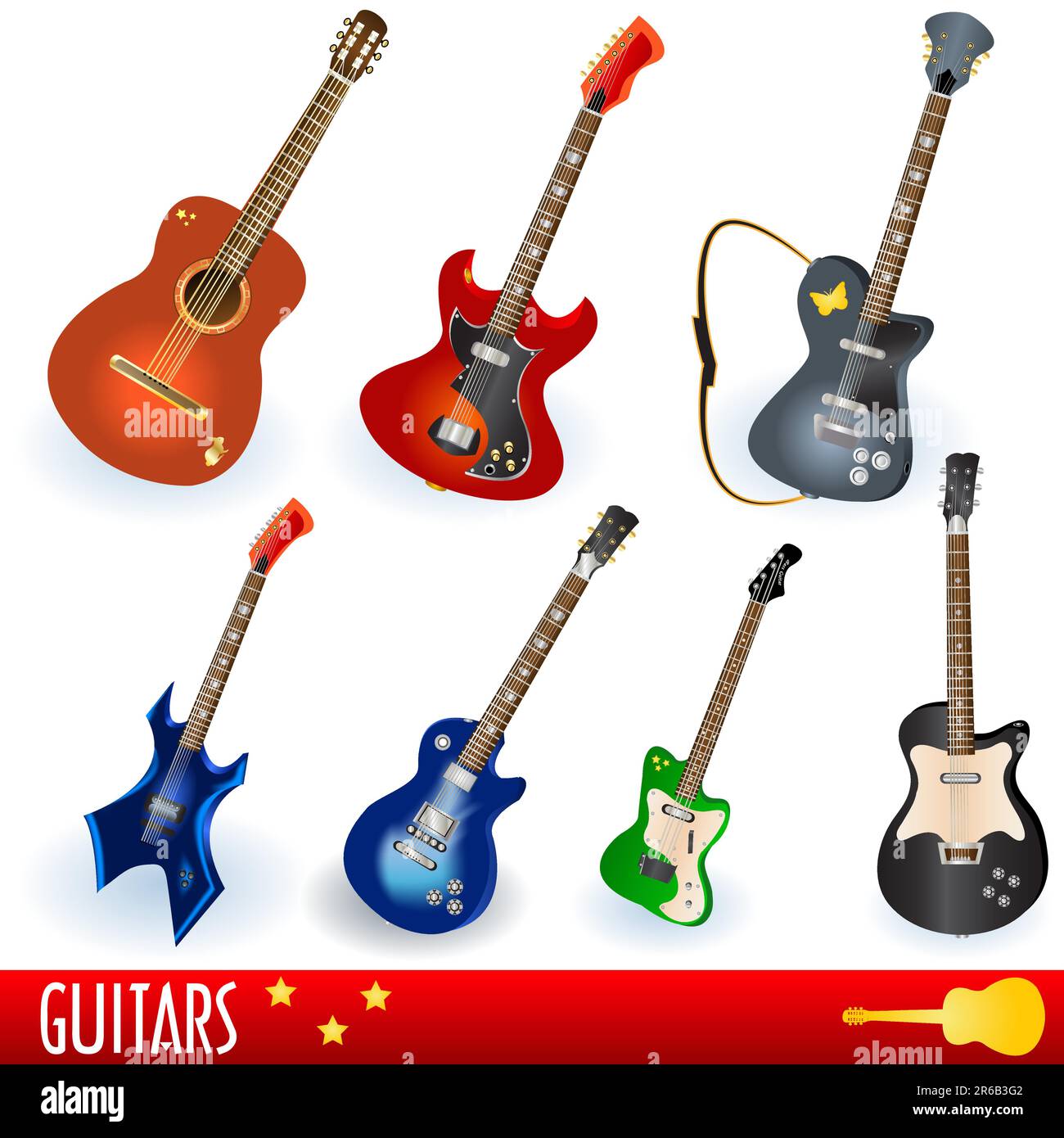Set of seven different guitars, easy editable and ready to use Stock ...