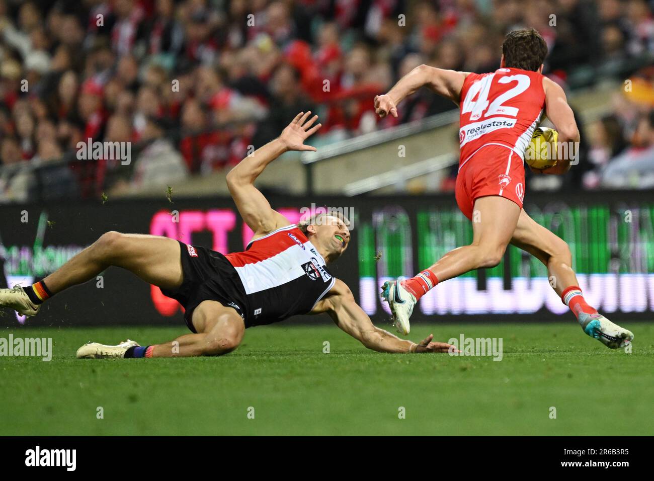 Sydney, Australia. 08th June, 2023. Robbie Fox of the Swans avoids a ...
