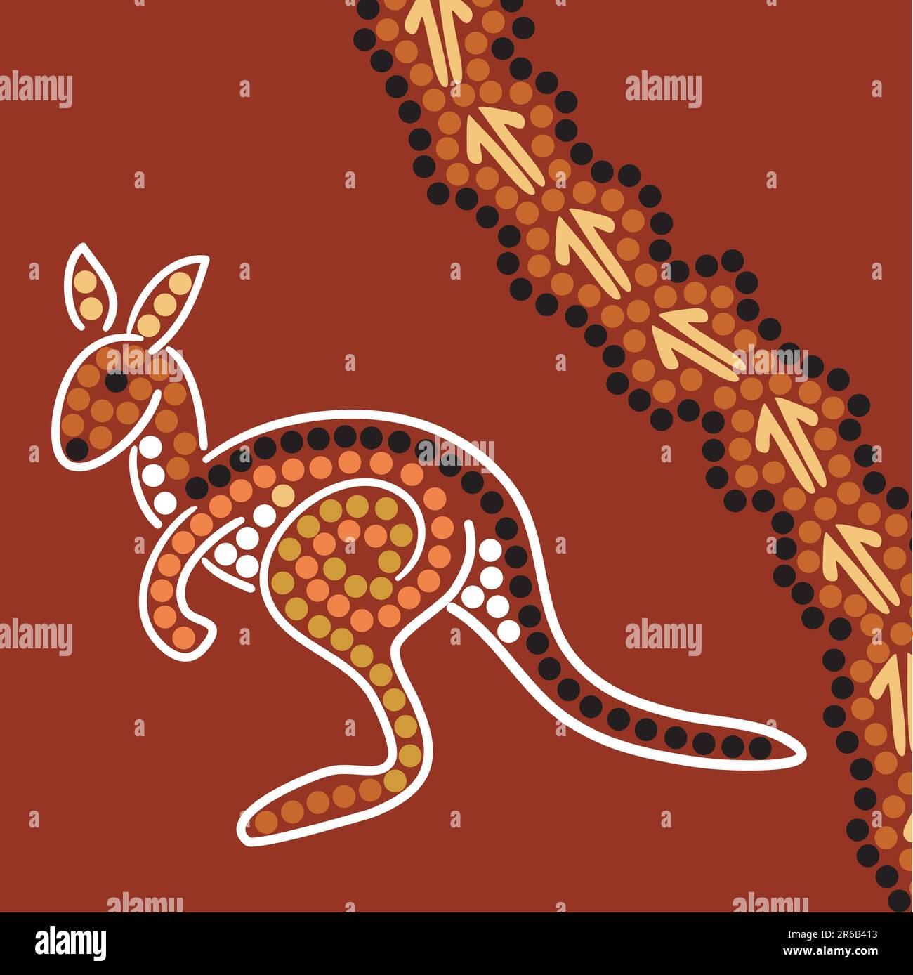 Hand drawn Aboriginal abstract depicting a kangaroo and kangaroo tracks ...