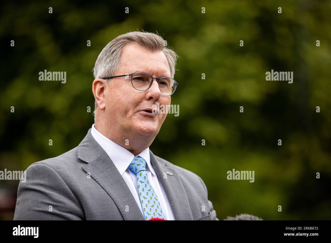 DUP leader Sir Jeffery Donaldson speaks to the media outside Castle Buildings, Stormont in ...